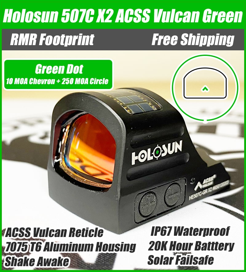 Holosun 507C X2 Green Dot ACSS Vulcan Reticle, RMR Footprint, Solar Fa ...